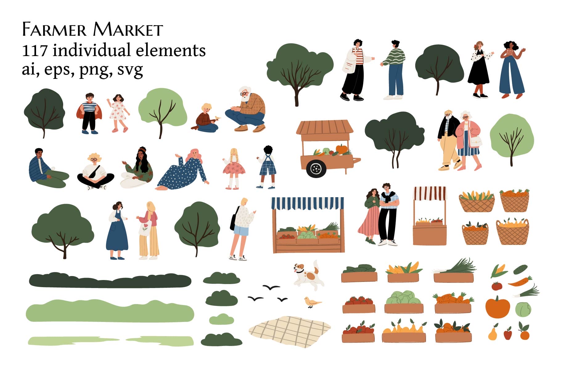 Diverse People at Farmers Market clipart, Element Set - Crealandia