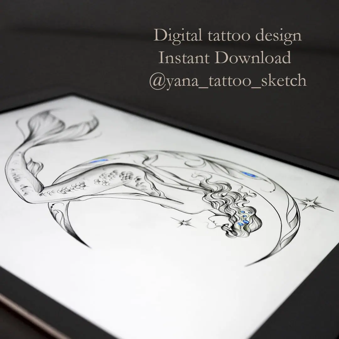 Mermaid Tattoo Design Crescent Moon Mermaid Tattoo Sketch Idea - Crealandia